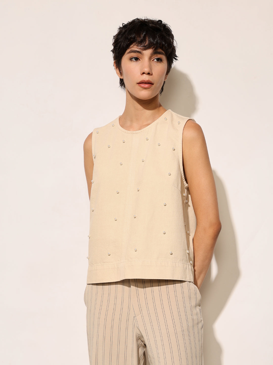ONLY Beige Pearl Embellished Cotton Top