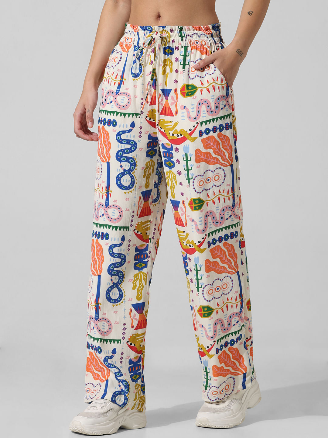 Cream Printed Co-ord Set Pants