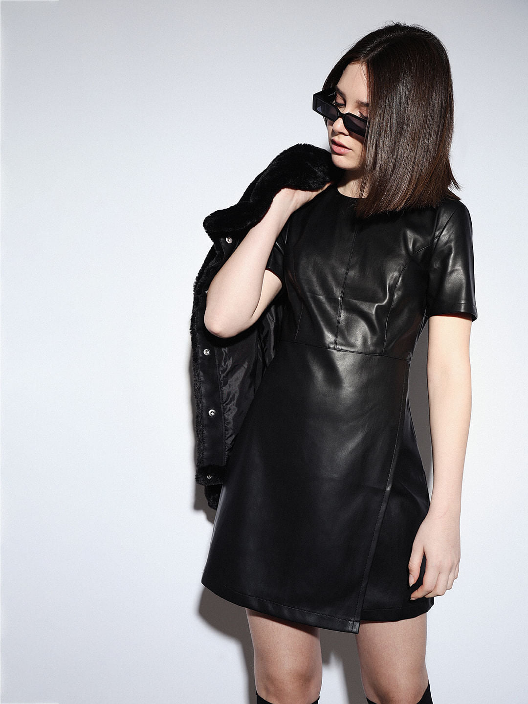 Black Faux Leather Short Dress