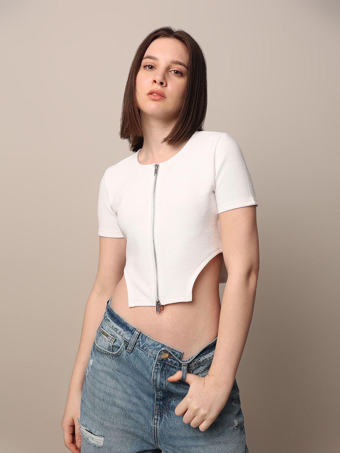 White Zip-Top Cropped T-shirt