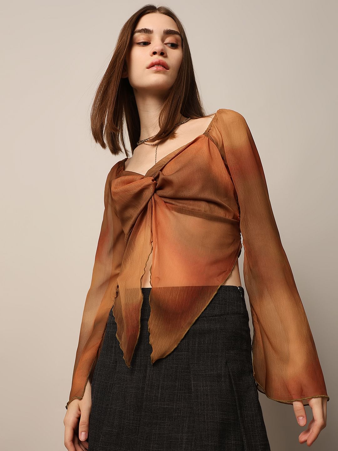 Brown Knot Detail Chiffon Top