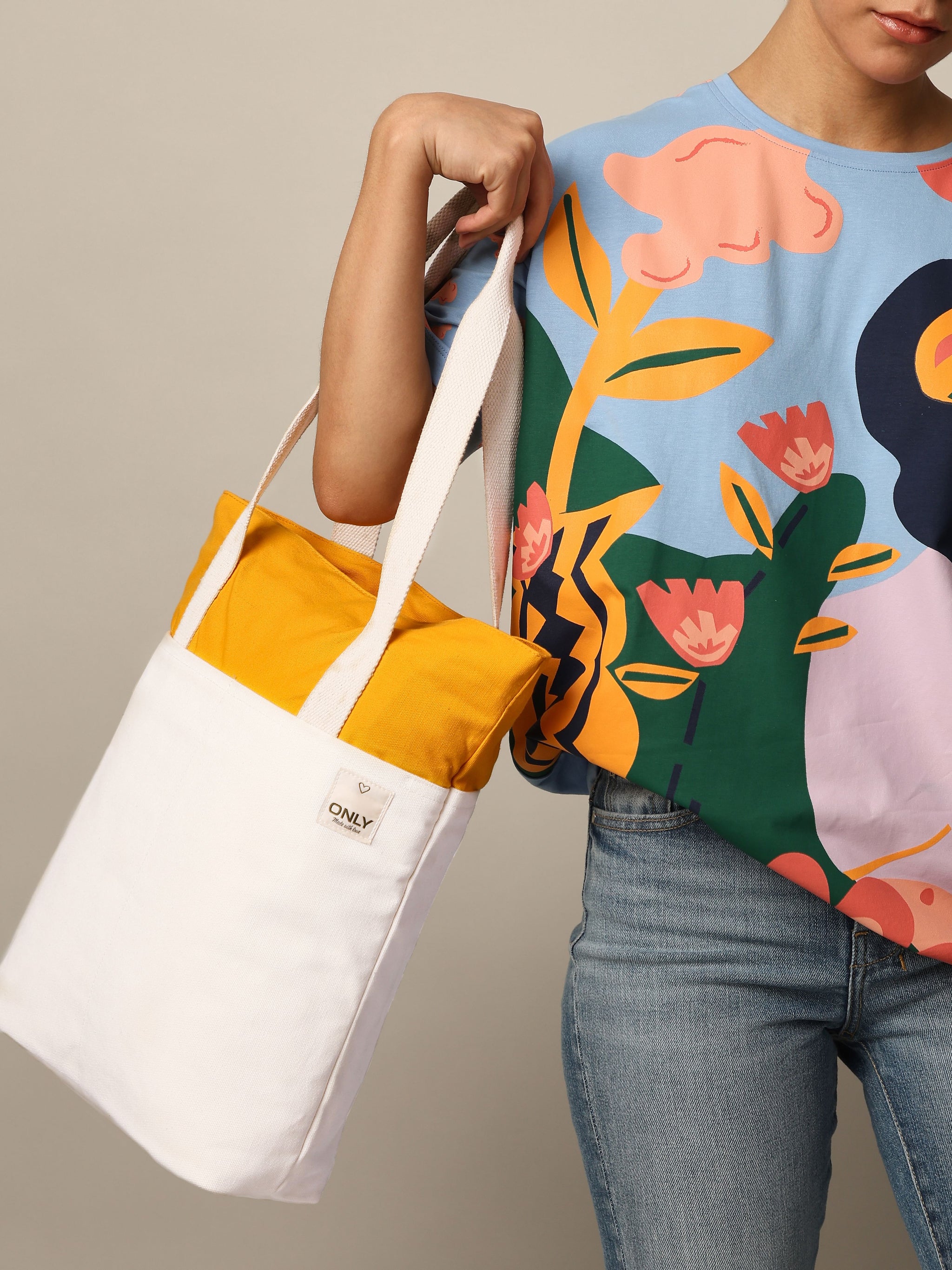 Yellow Colourblocked Cotton Canvas Bag