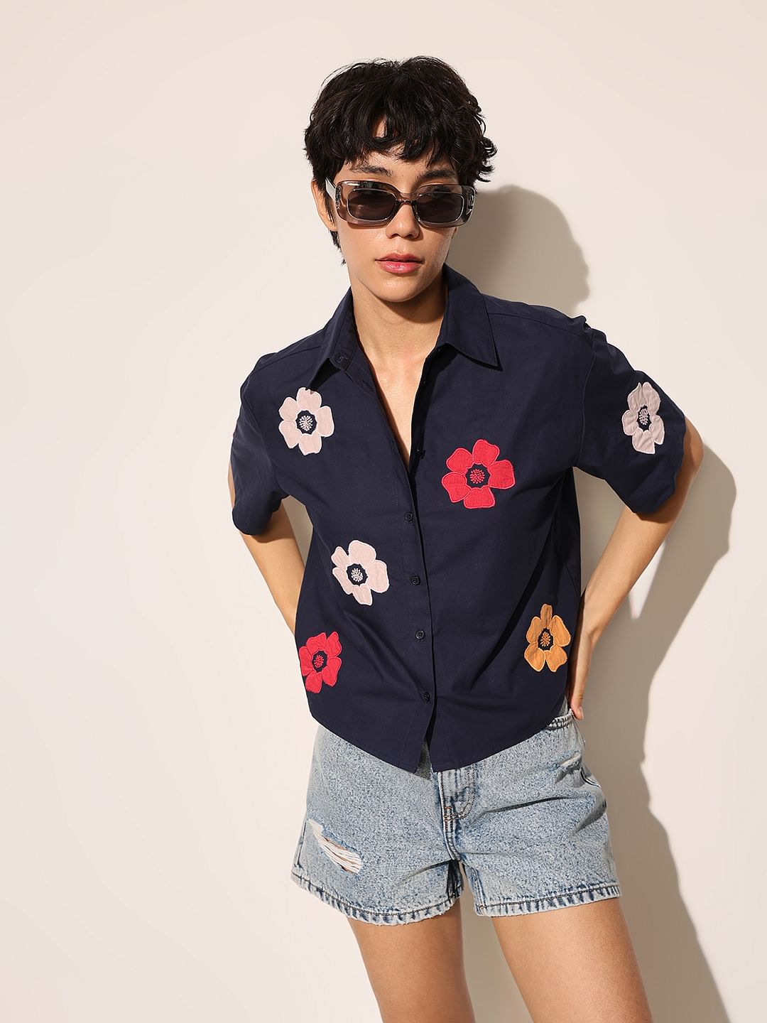 Navy Blue Embroidered Floral Shirt